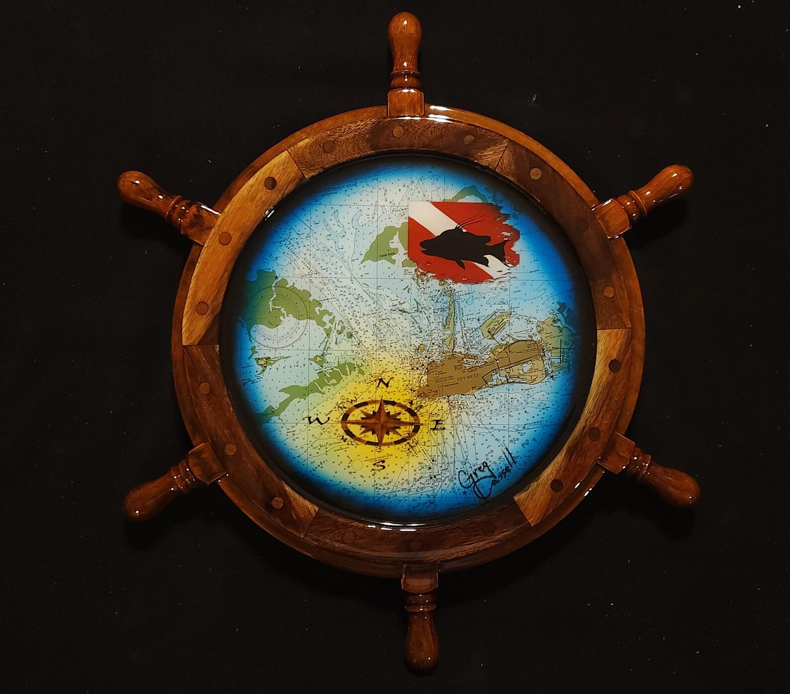 Ship Steering Wheel - 18" - Nautical Chart With Airbrush Painting ...
