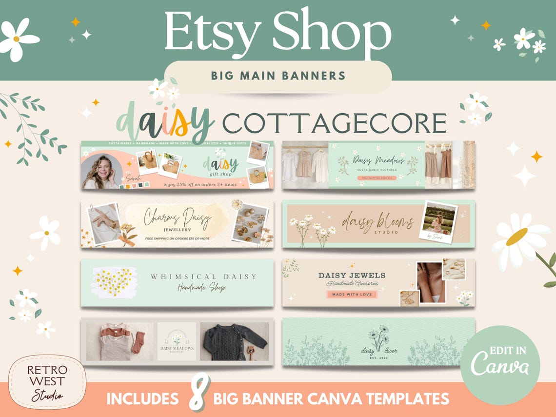 Daisy Cottagecore Etsy Banner Template Etsy Sellers Store Canva ...
