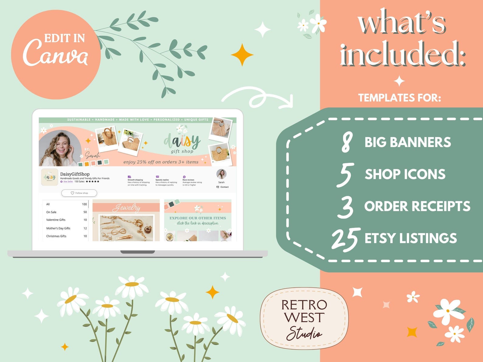 Daisy Cottagecore Etsy Shop Kit, Etsy Banner Template Canva, Etsy ...