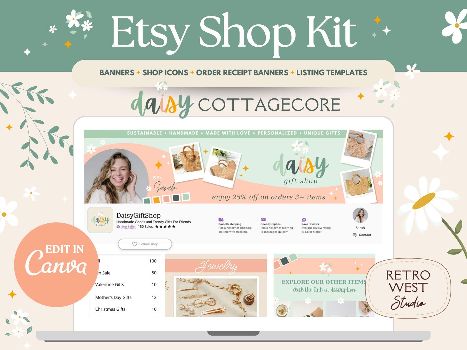 Daisy Cottagecore Etsy Shop Kit, Etsy Banner Template Canva, Etsy ...