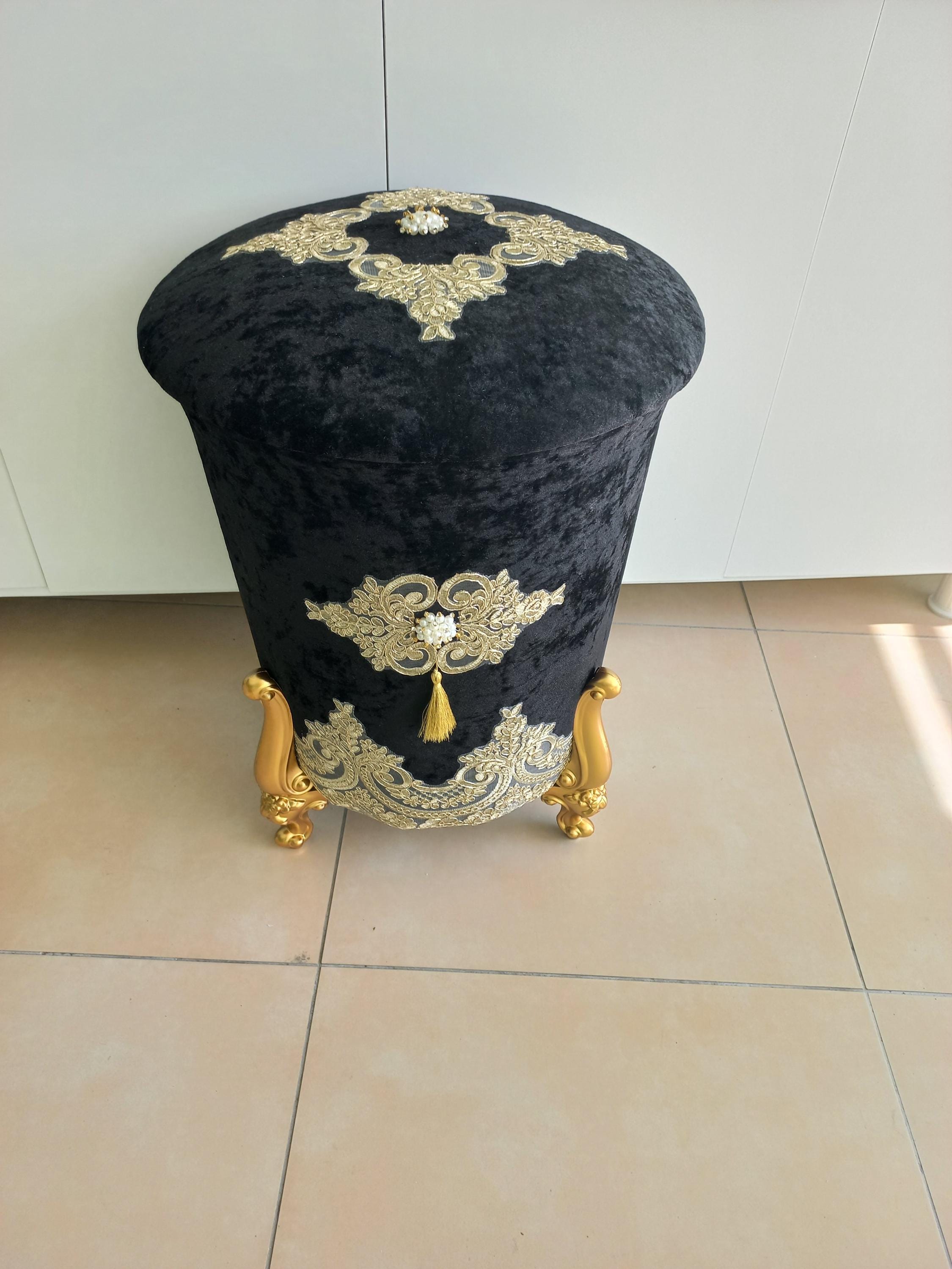 Elegant Black and Gold Round Laundry Basket | Handmade Velvet Storage ...