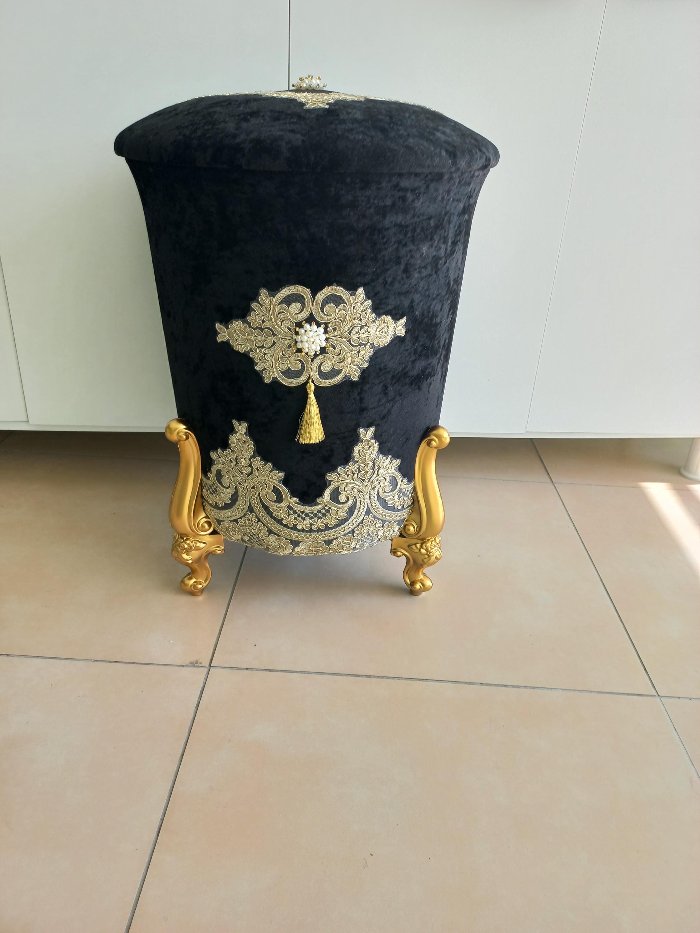 Elegant Black and Gold Round Laundry Basket | Handmade Velvet Storage ...