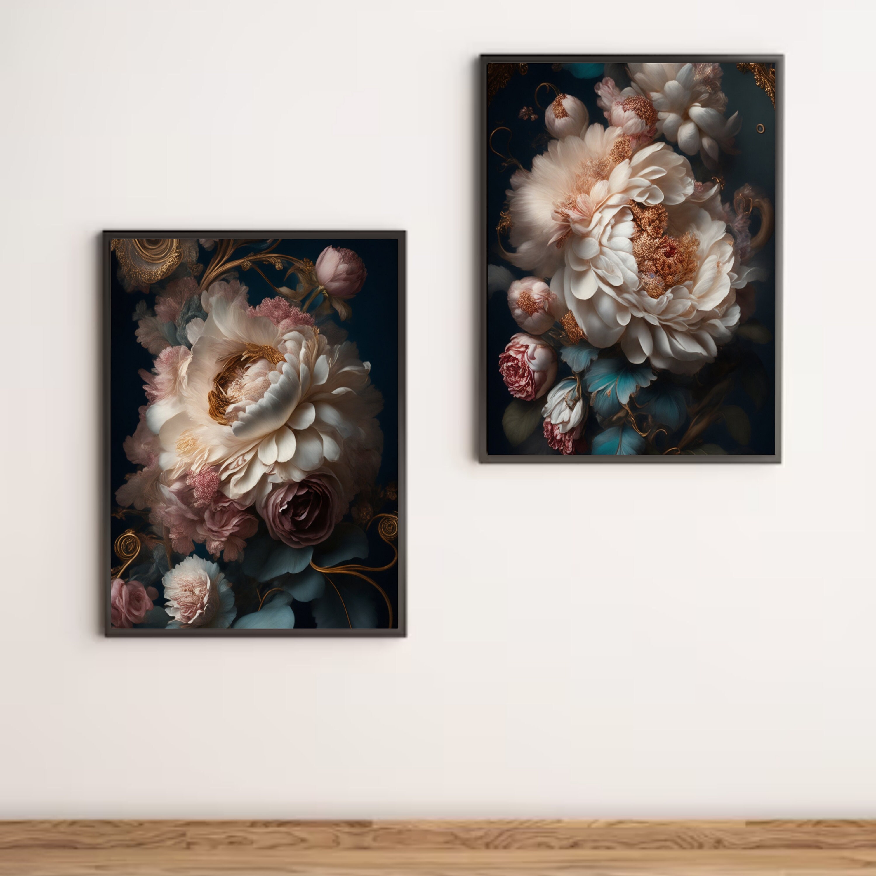 Rococo Full Bloom, Floral Digital Print, Set of 2, Digital Printable ...