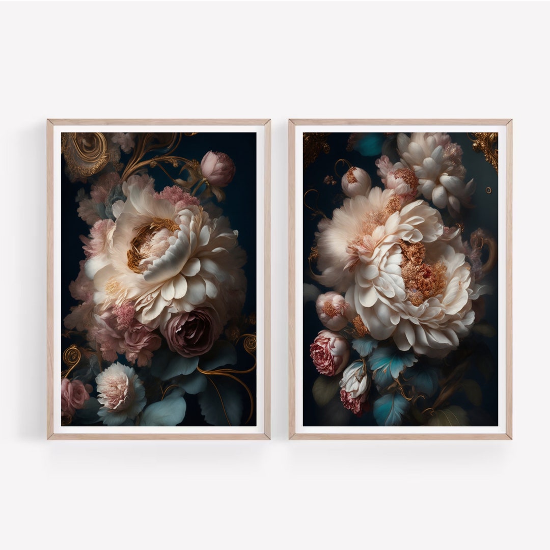Rococo Full Bloom, Floral Digital Print, Set of 2, Digital Printable ...