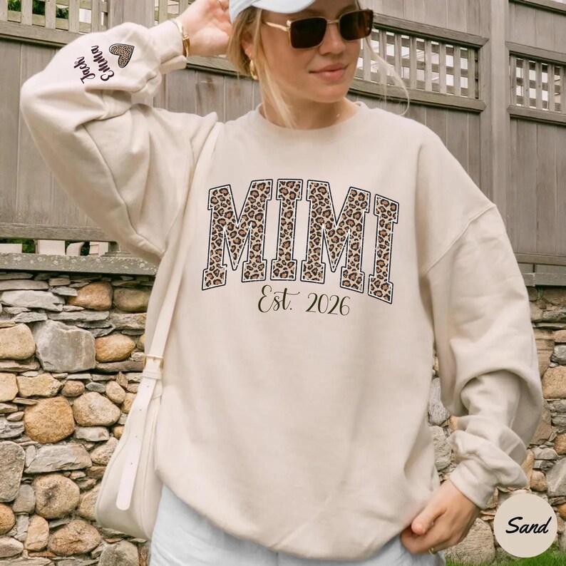 Custom Leopard Mimi Sweatshirt With Kid Name on Sleeve, Personalized ...