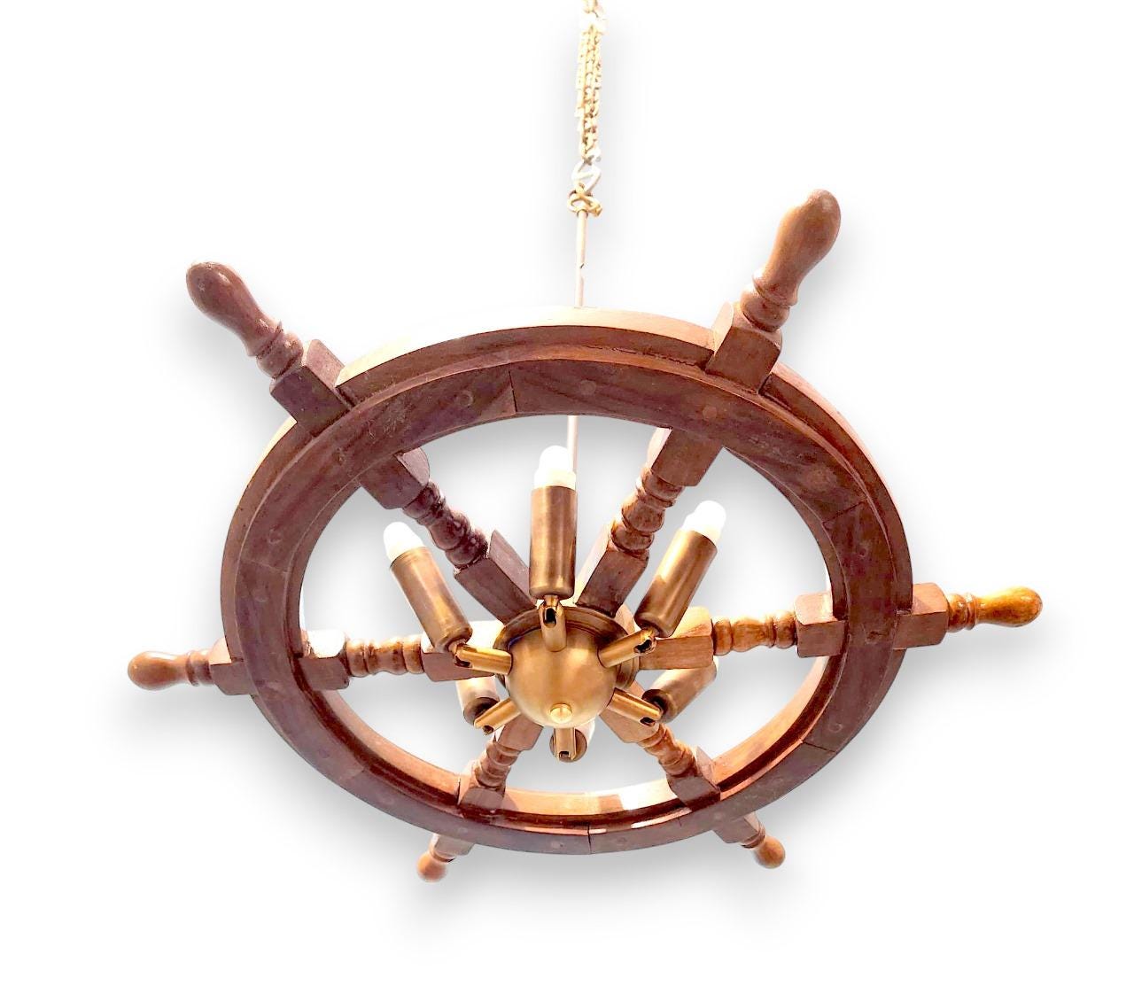 Wood & Brass Ship Wheel Sputnik Chandelier – Nautical 6-light Rustic ...