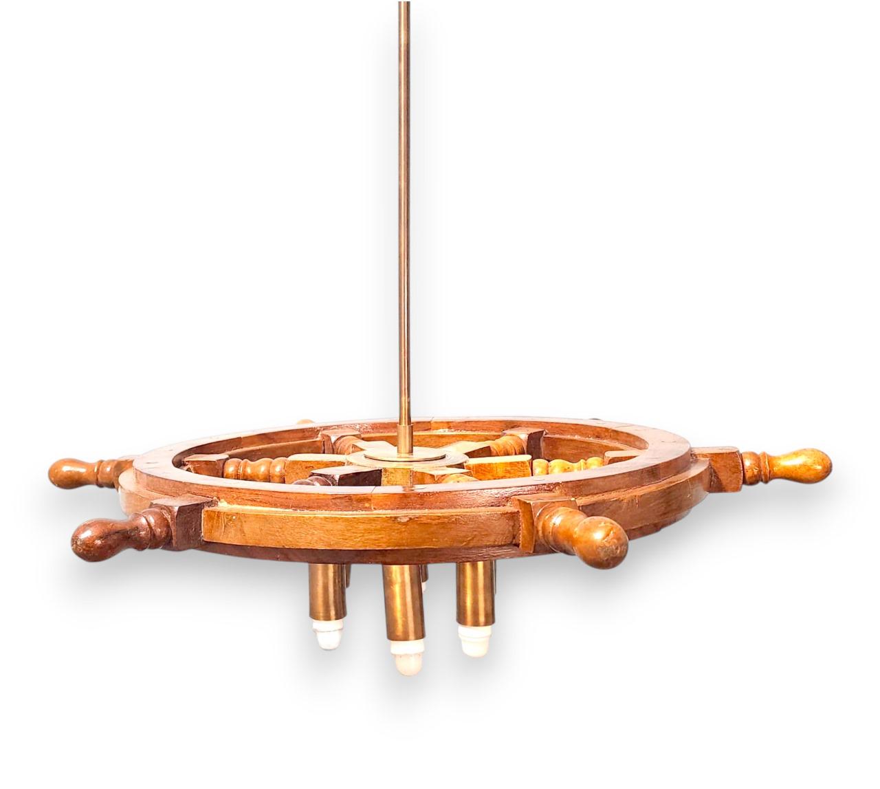 Wood & Brass Ship Wheel Sputnik Chandelier – Nautical 6-light Rustic ...