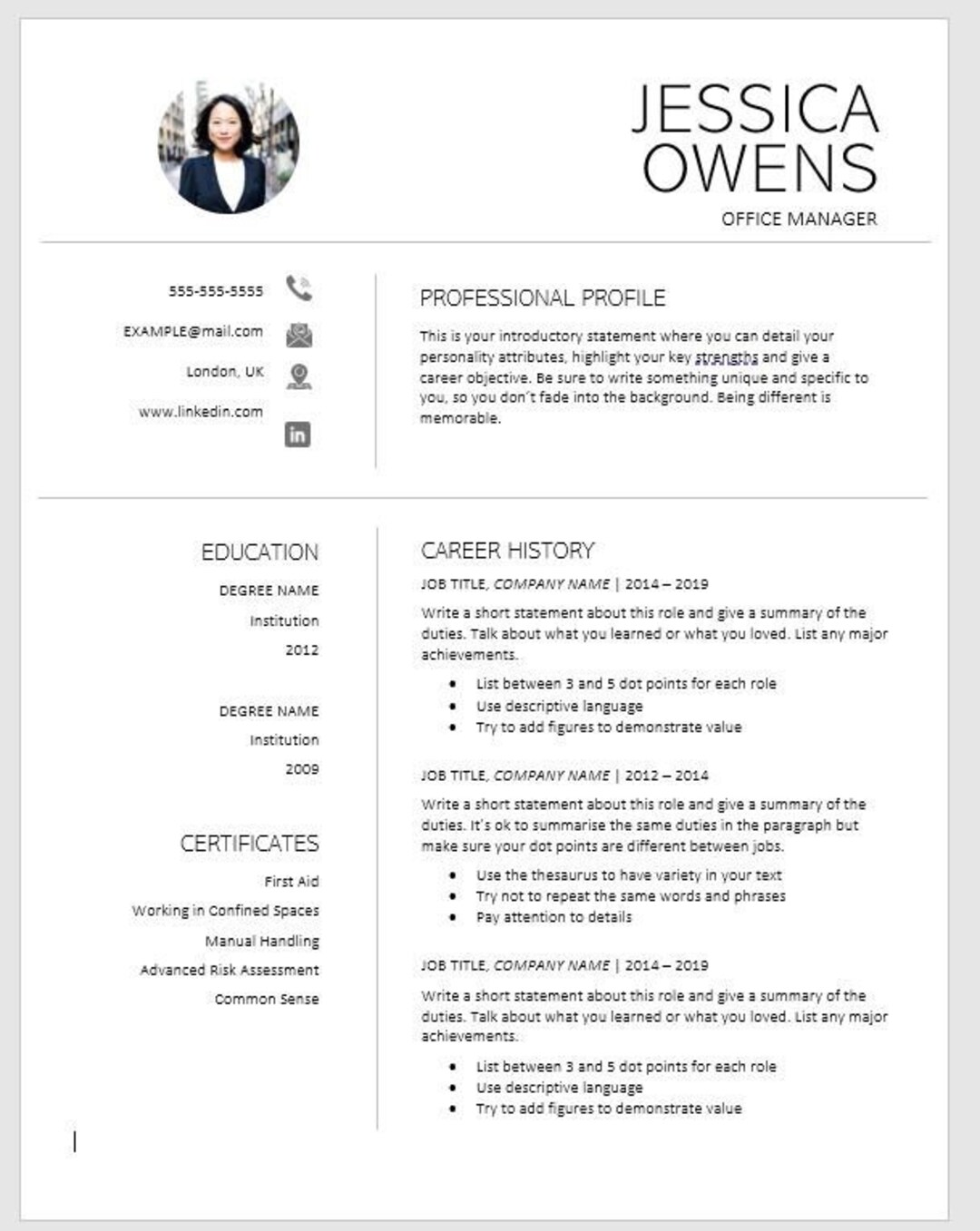 CV Template Word One Page Pivot CV 2023 - Etsy