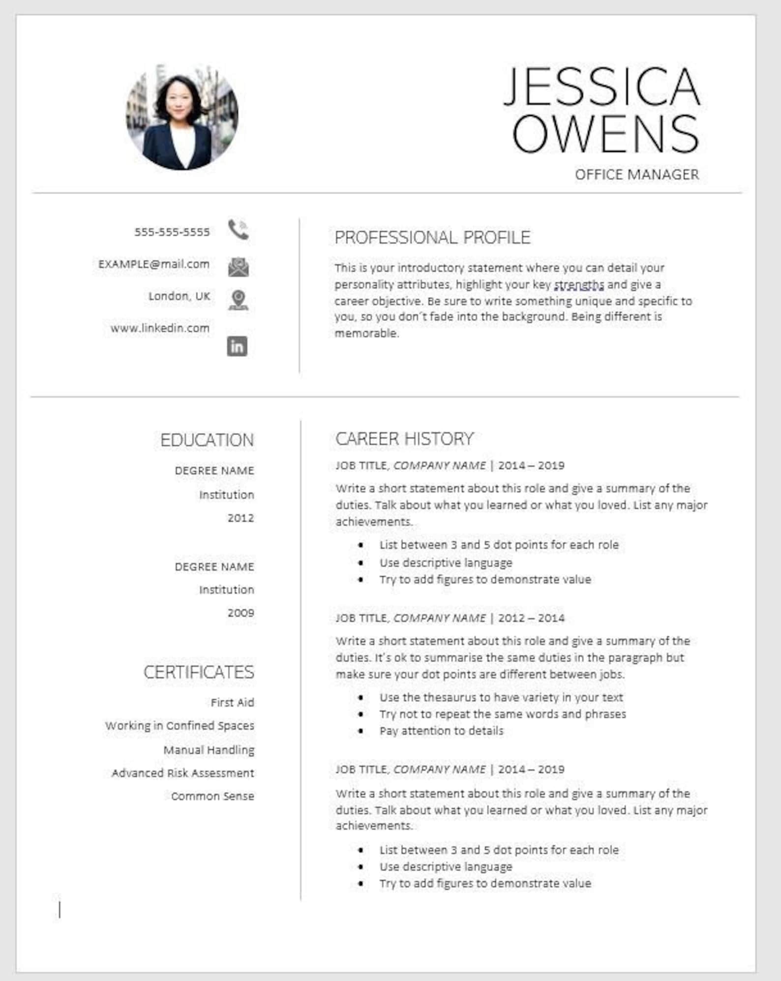 CV Template Word One Page Pivot CV 2023 - Etsy