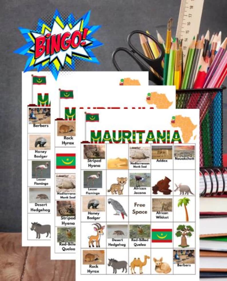 Printable Mauritania Bingo Game 20 Cards Desert Culture History ...