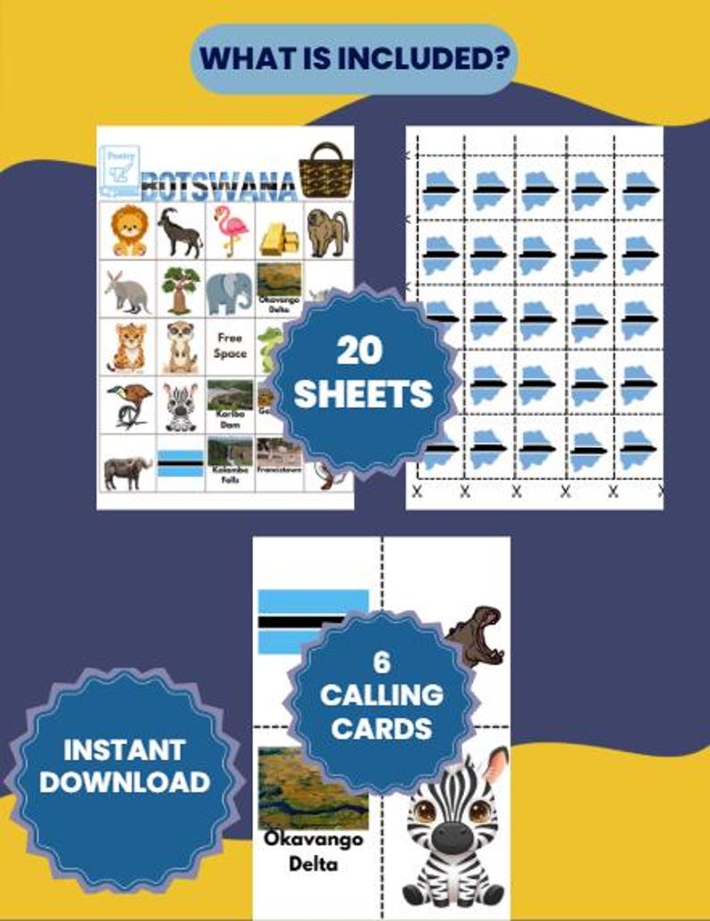 Printable Botswana Bingo Game 20 Cards Safari Wildlife Nature Classroom ...