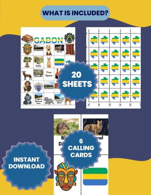 Printable Gabon Bingo Game 20 Cards Rainforest Wildlife Culture ...