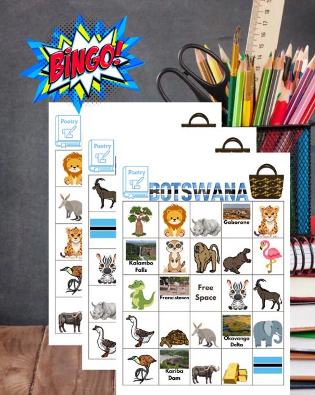 Printable Botswana Bingo Game 20 Cards Safari Wildlife Nature Classroom ...