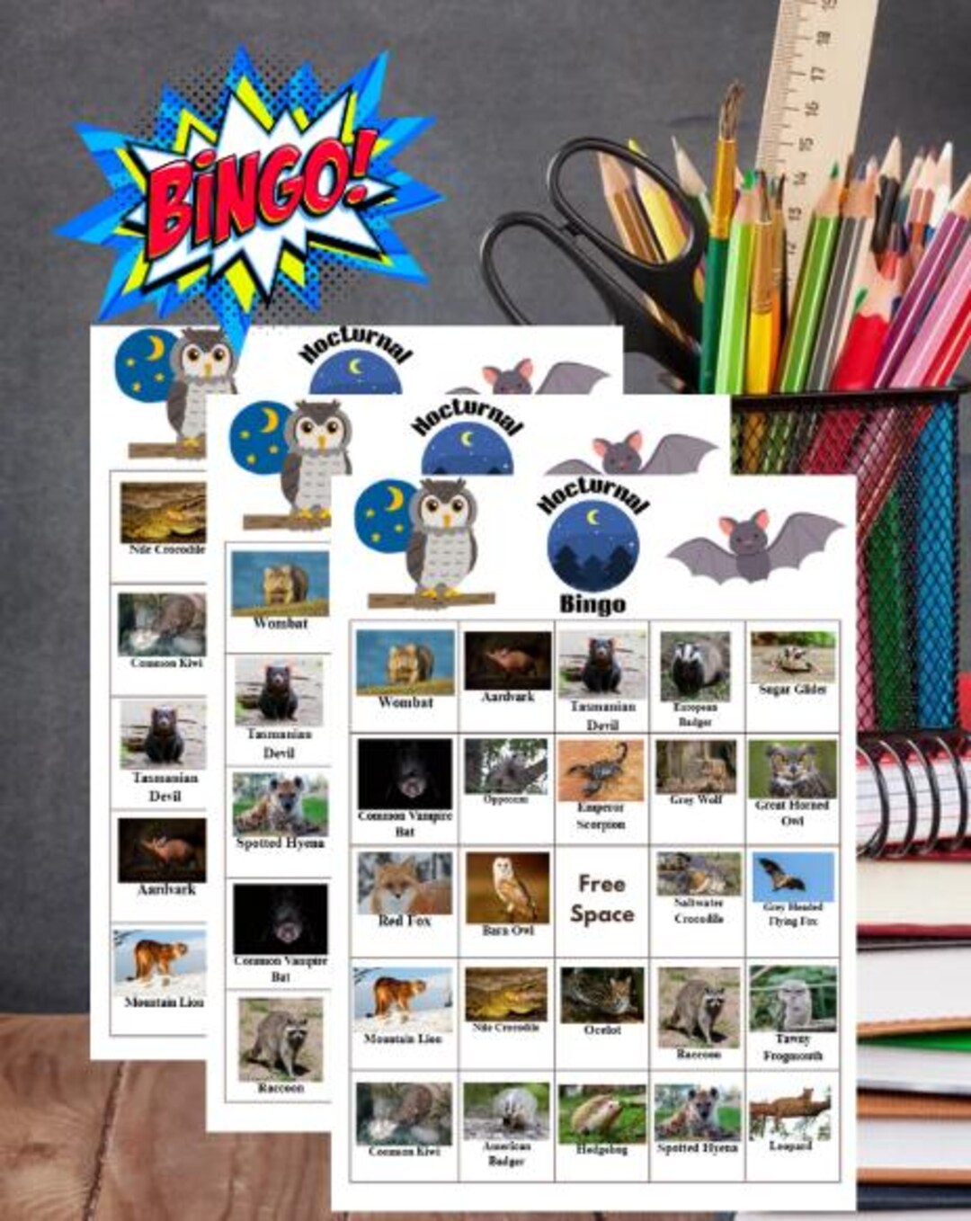 Printable Nocturnal Animals Bingo Game for Kids and Adults Educational ...