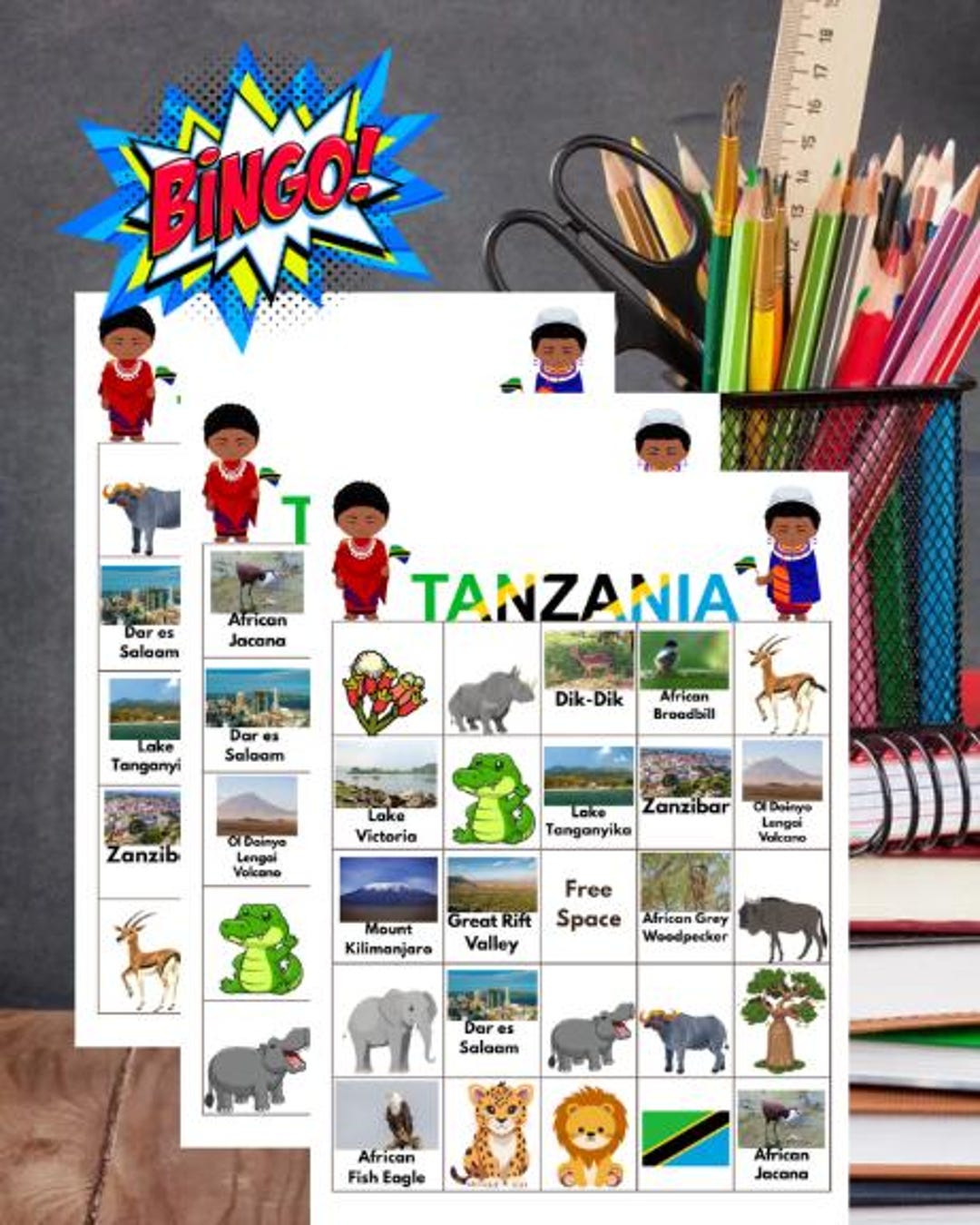 Printable Tanzania Bingo Game 20 Cards Safari Wildlife Culture ...