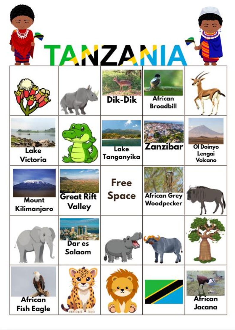 Printable Tanzania Bingo Game 20 Cards Safari Wildlife Culture ...
