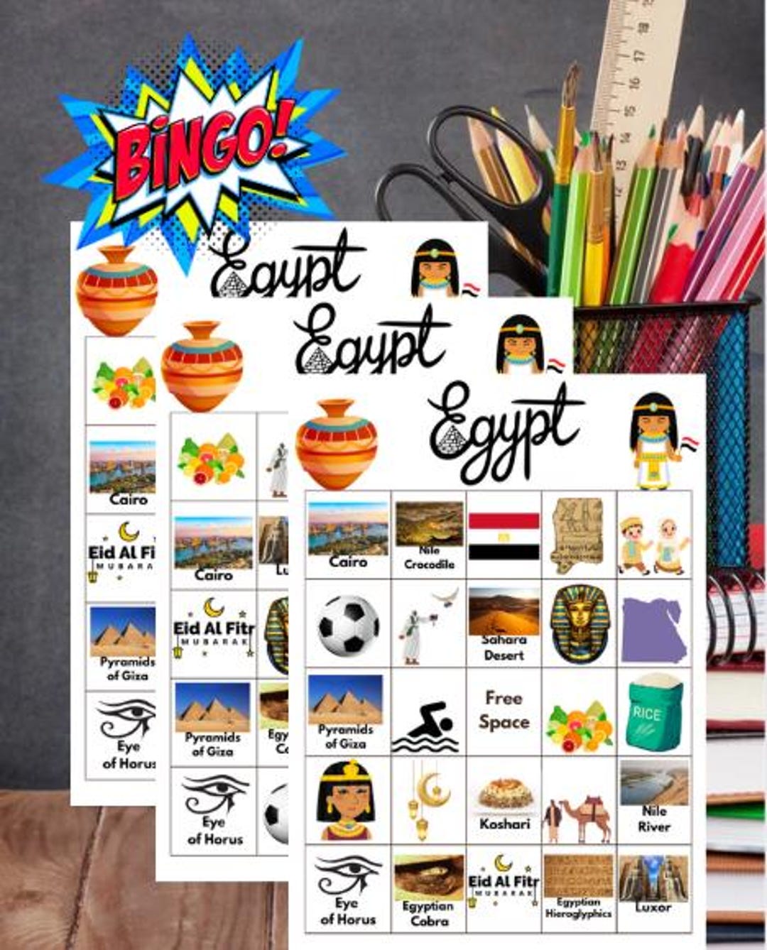 Egypt Bingo Game Printable Egyptian Landmarks Culture and History Party ...