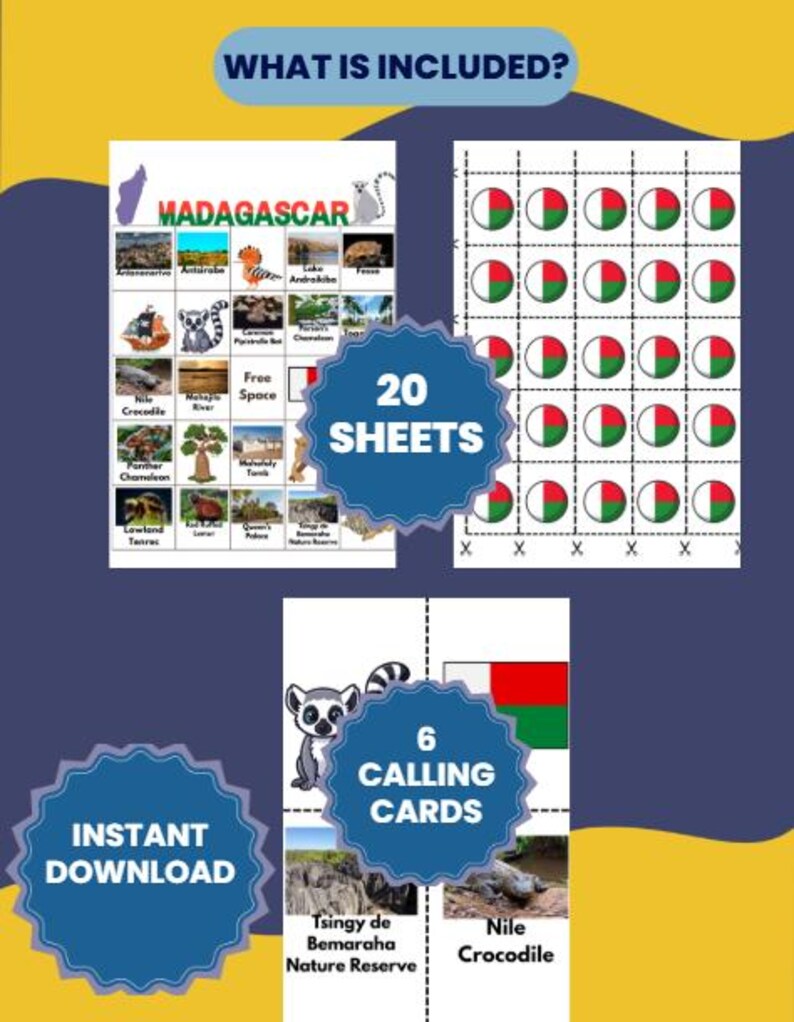 Printable Madagascar Bingo Game 20 Cards Lemurs Wildlife Nature ...