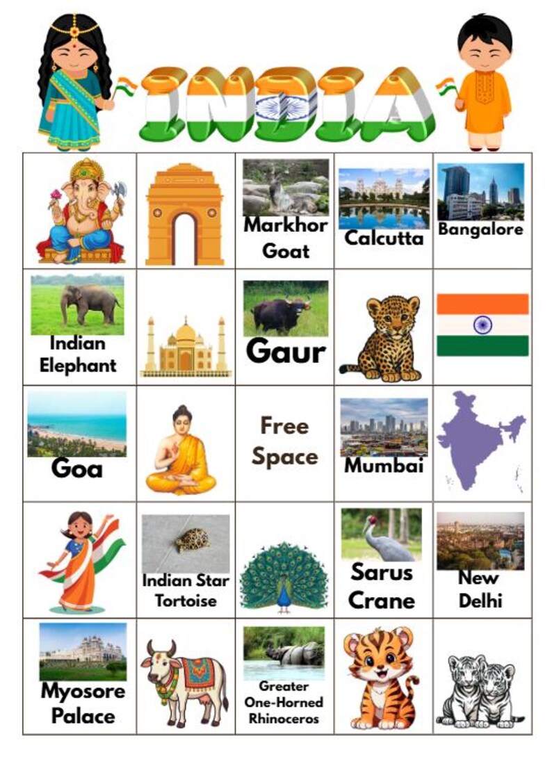 India Bingo Game Printable Cultural Symbols Activity for Kids Classroom ...