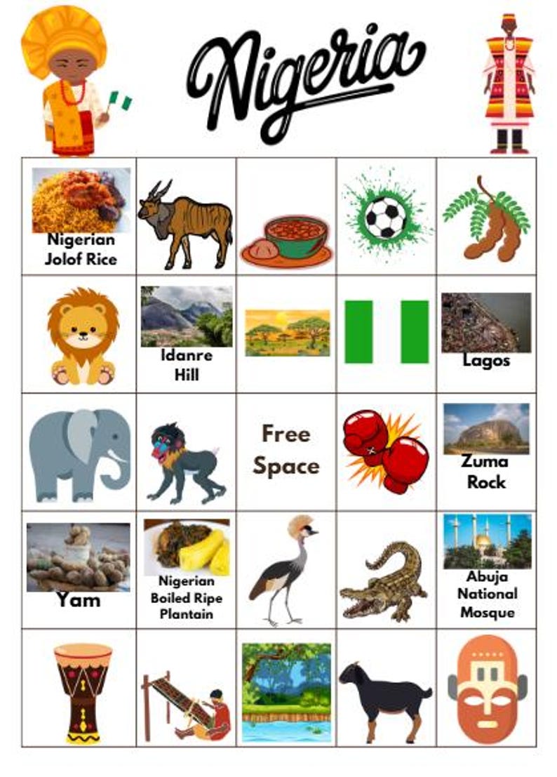 Printable Nigeria Bingo Game 20 Cards Culture Food Music Landmarks ...