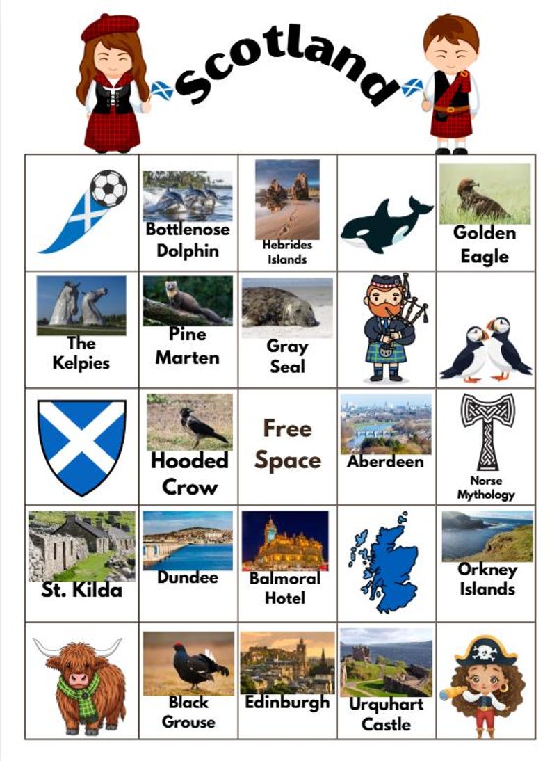 Scotland Bingo Game for Kids Castles Highlands and Culture for ...