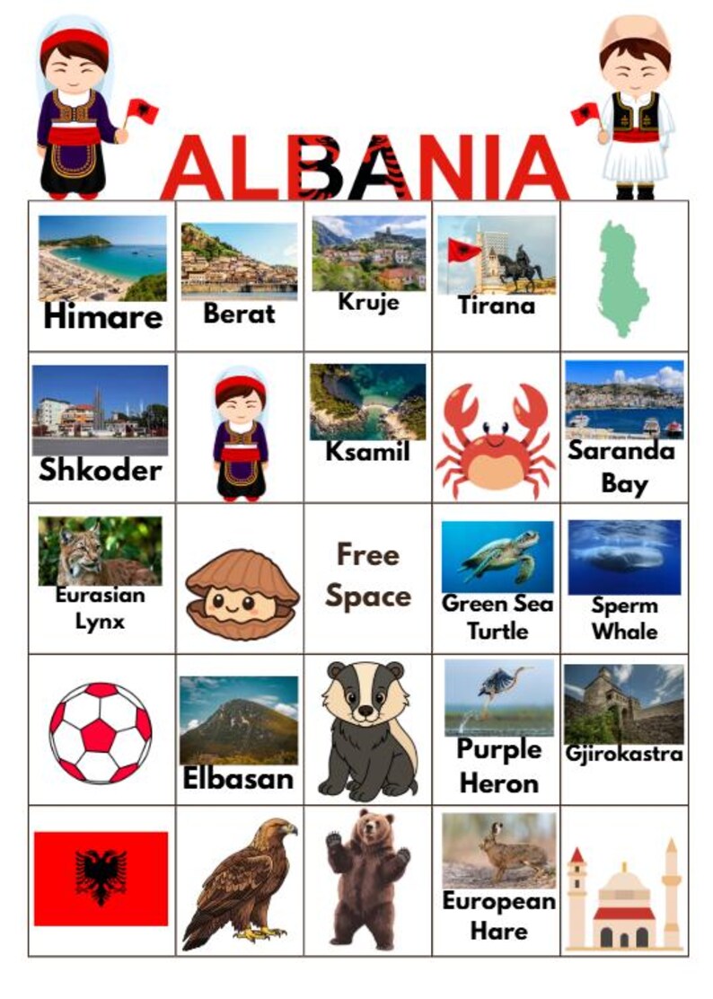 Printable Albania Bingo Game for Kids Educational Geography Activity ...