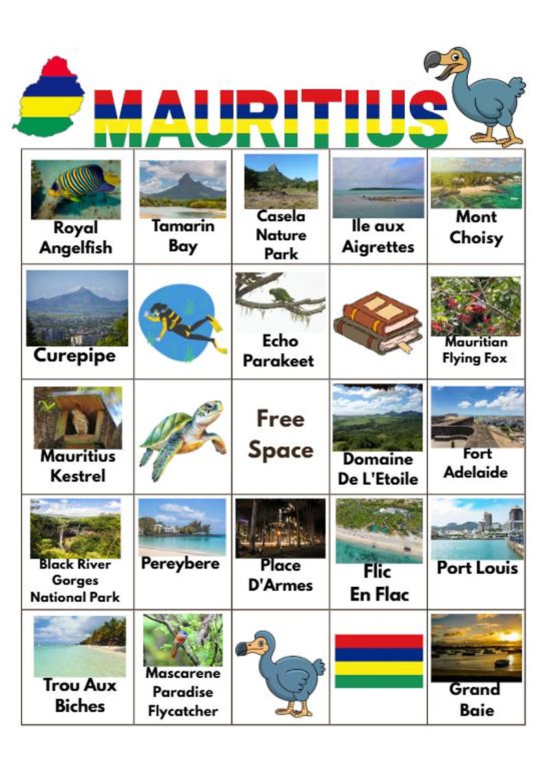 Printable Mauritius Bingo Game 20 Cards Island Beaches Culture ...