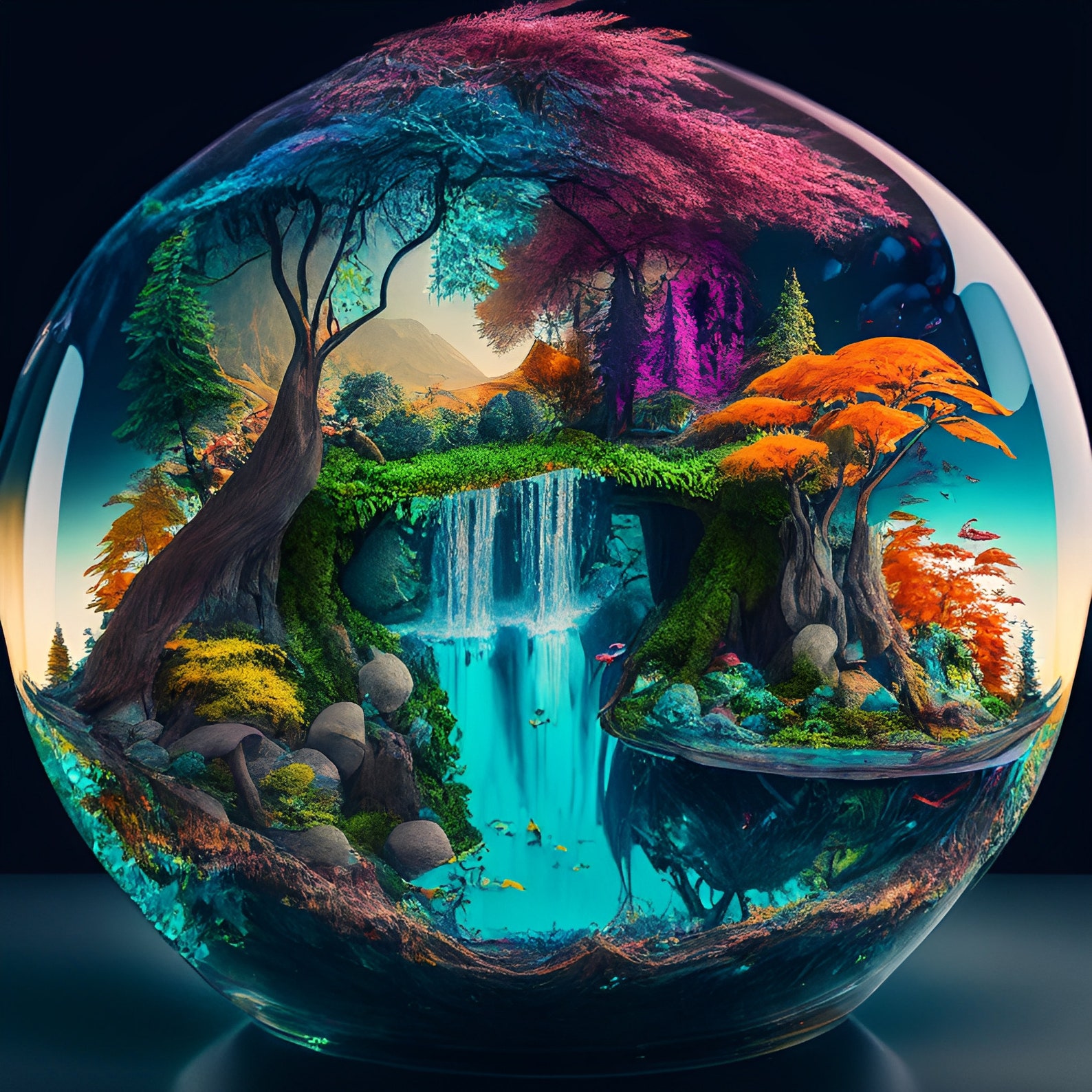 Miniature Fishbowl Ecosystem: Enchanting Scenery of Trees, Waterfalls ...