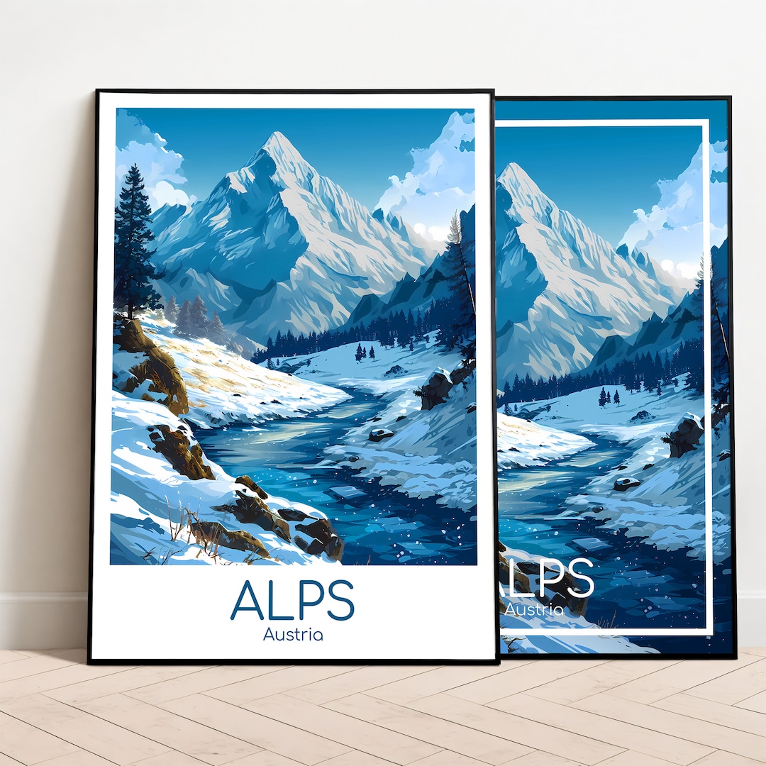 Alps Travel Poster Winter Alps Poster Winter Wall Art Austria Vintage ...