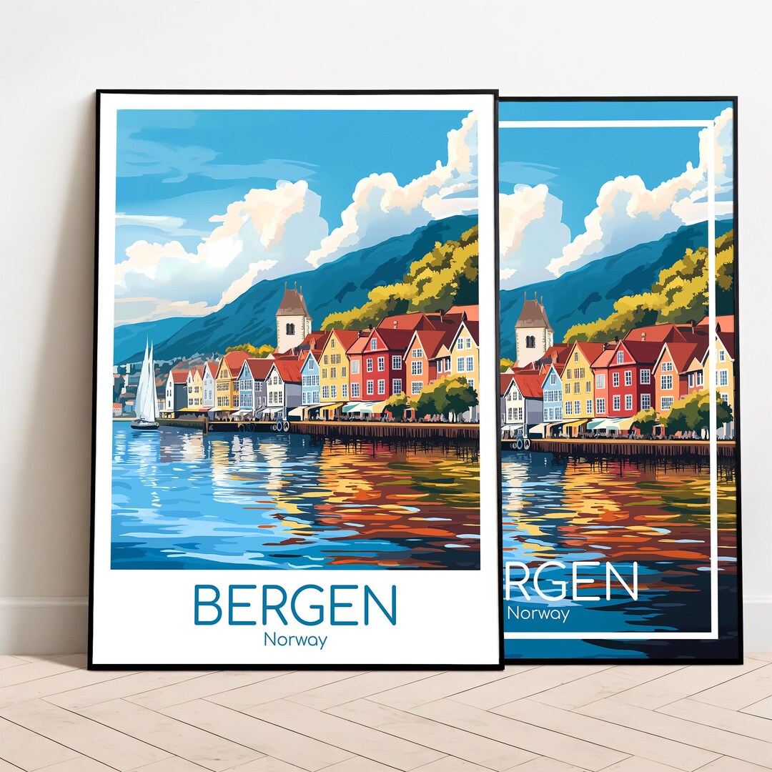 Bergen Reiseposter Hafen Bergen Poster Hafen Wall Art Norwegen Vintage ...