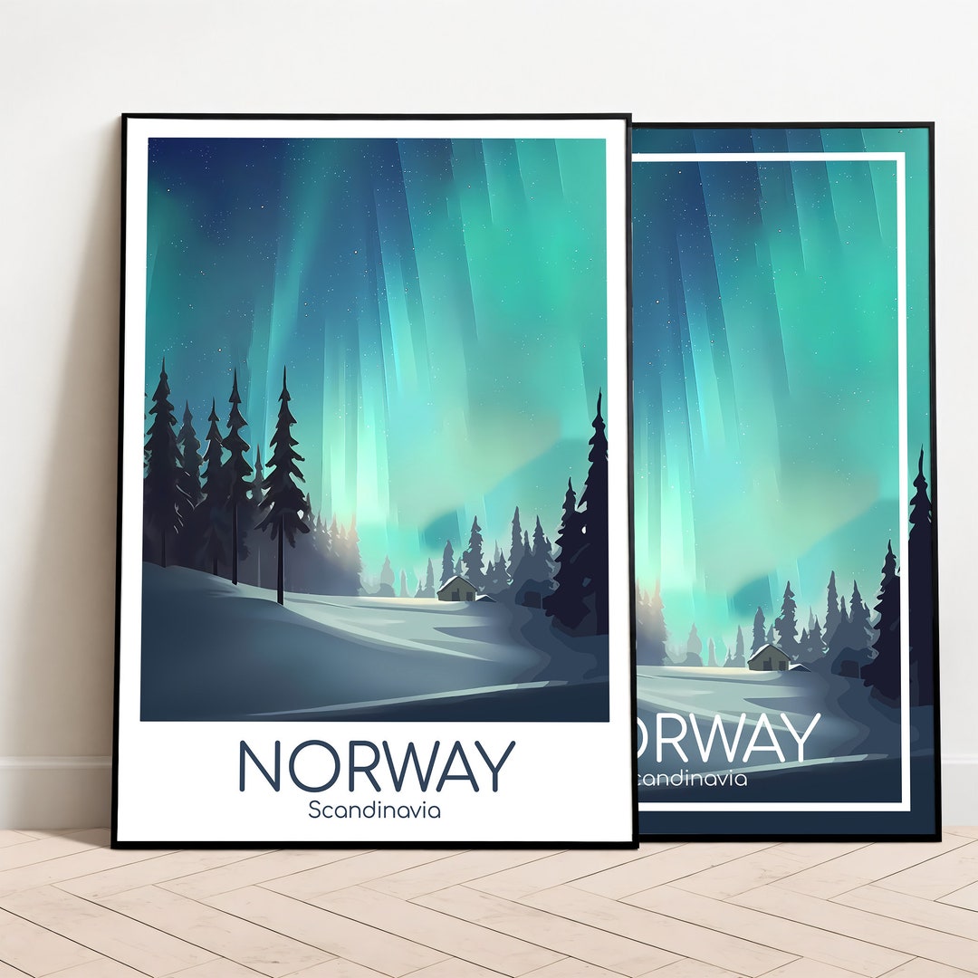 Norway Travel Poster Northern Lights Norway Poster Wall Art Scandinavia ...