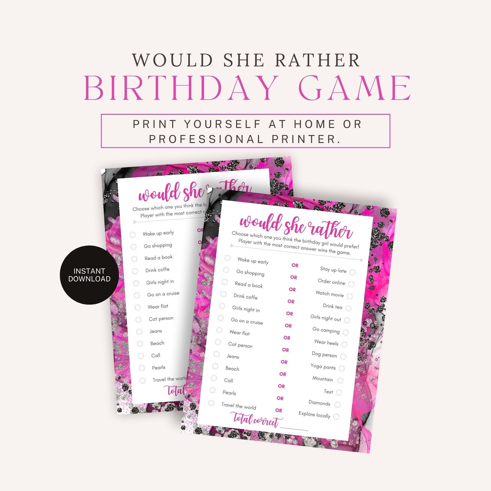 Would She Rather - Birthday Game Printable DIY PRINT at HOME - Etsy