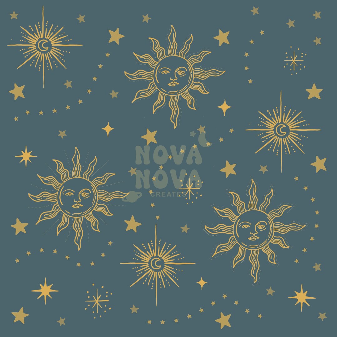 Celestial Moon Sun Stars Seamless Pattern, Retro Fabric Design (digital ...