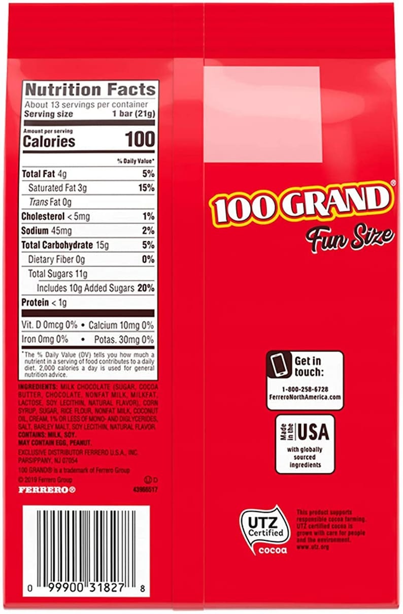 100 Grand Milk Chocolate Fun Size Candy Bars, Bulk Individually Wrapped ...