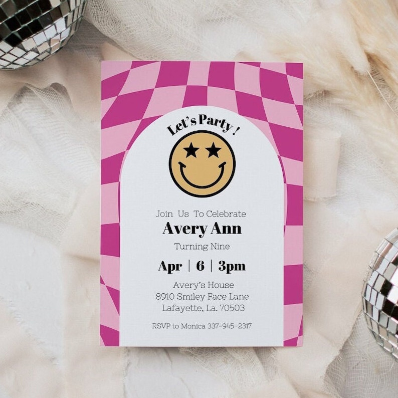 Smiley Face Invite, Smiley Face Birthday Invitation, Pink Checkered ...
