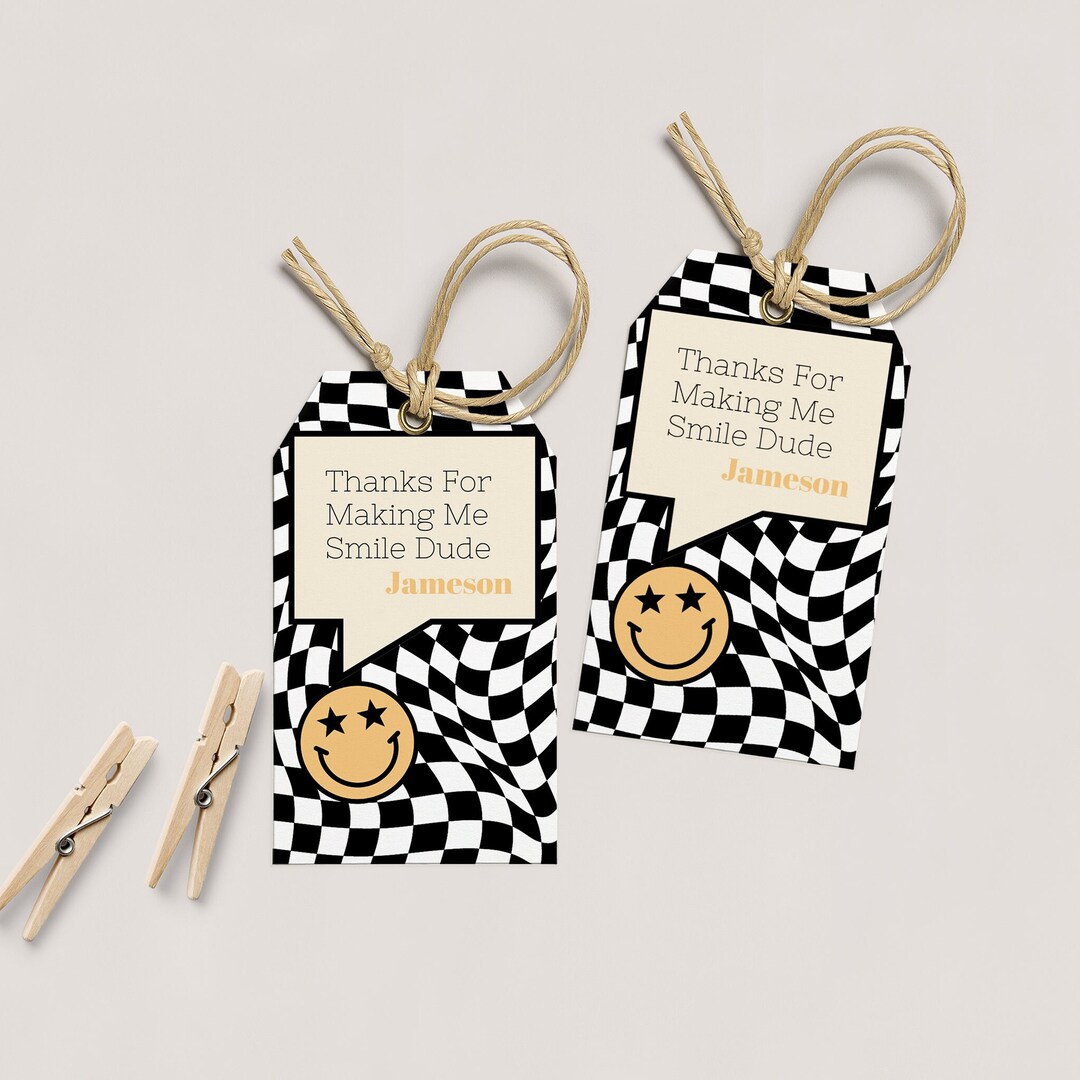 Boys Smiley Face Bday Party Favor Tag Template, Retro Smiley Face ...