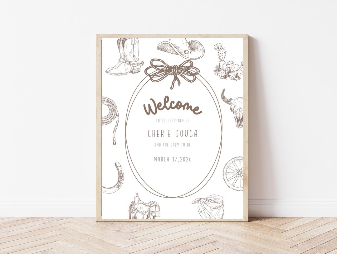 Editable Cowboy Baby Shower Welcome Sign, Rustic Western Roundup Party ...