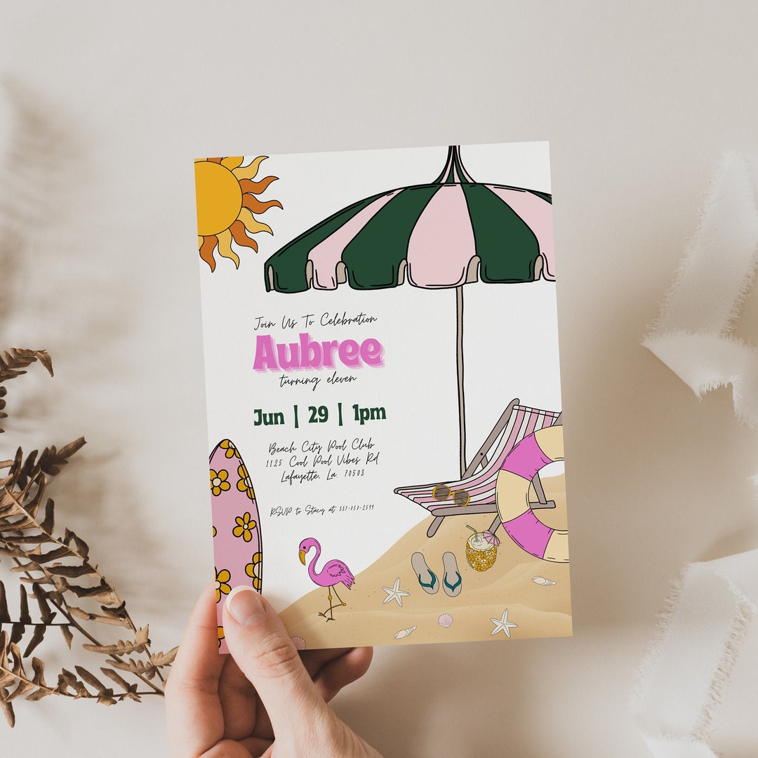Editable Retro Beach Birthday Invite, Girls Pink Beach Theme Bday Party ...