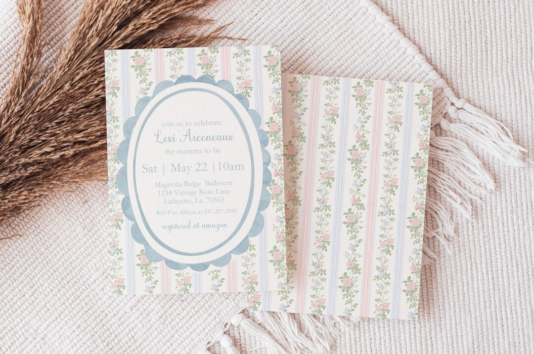 Girls Vintage Baby Shower Invitation, Editable Floral Invite, Blue and ...