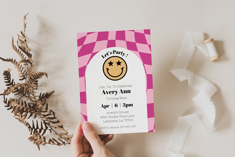 Smiley Face Invite, Smiley Face Birthday Invitation, Pink Checkered ...