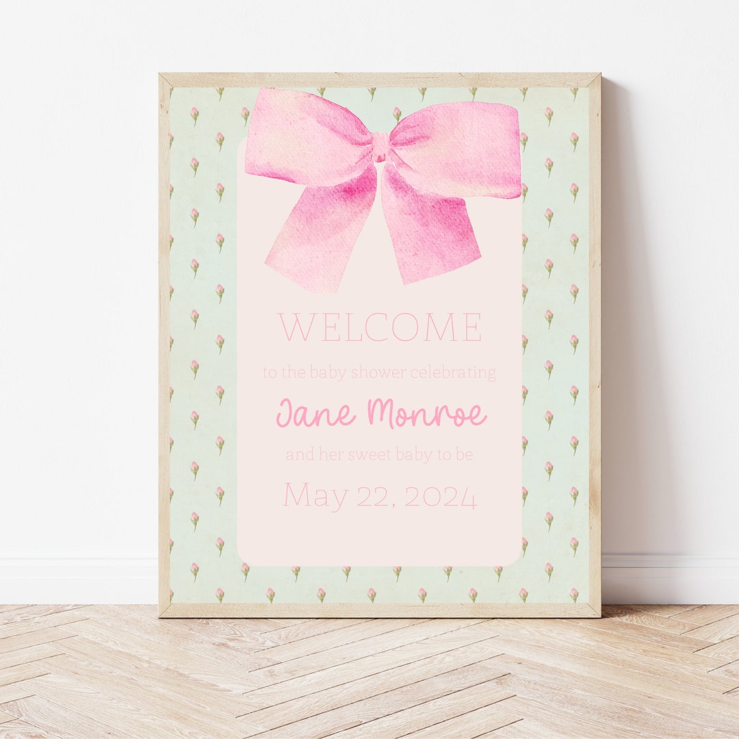 Vintage Baby Shower Welcome Sign, Floral Design, Pink Coquette Bow ...