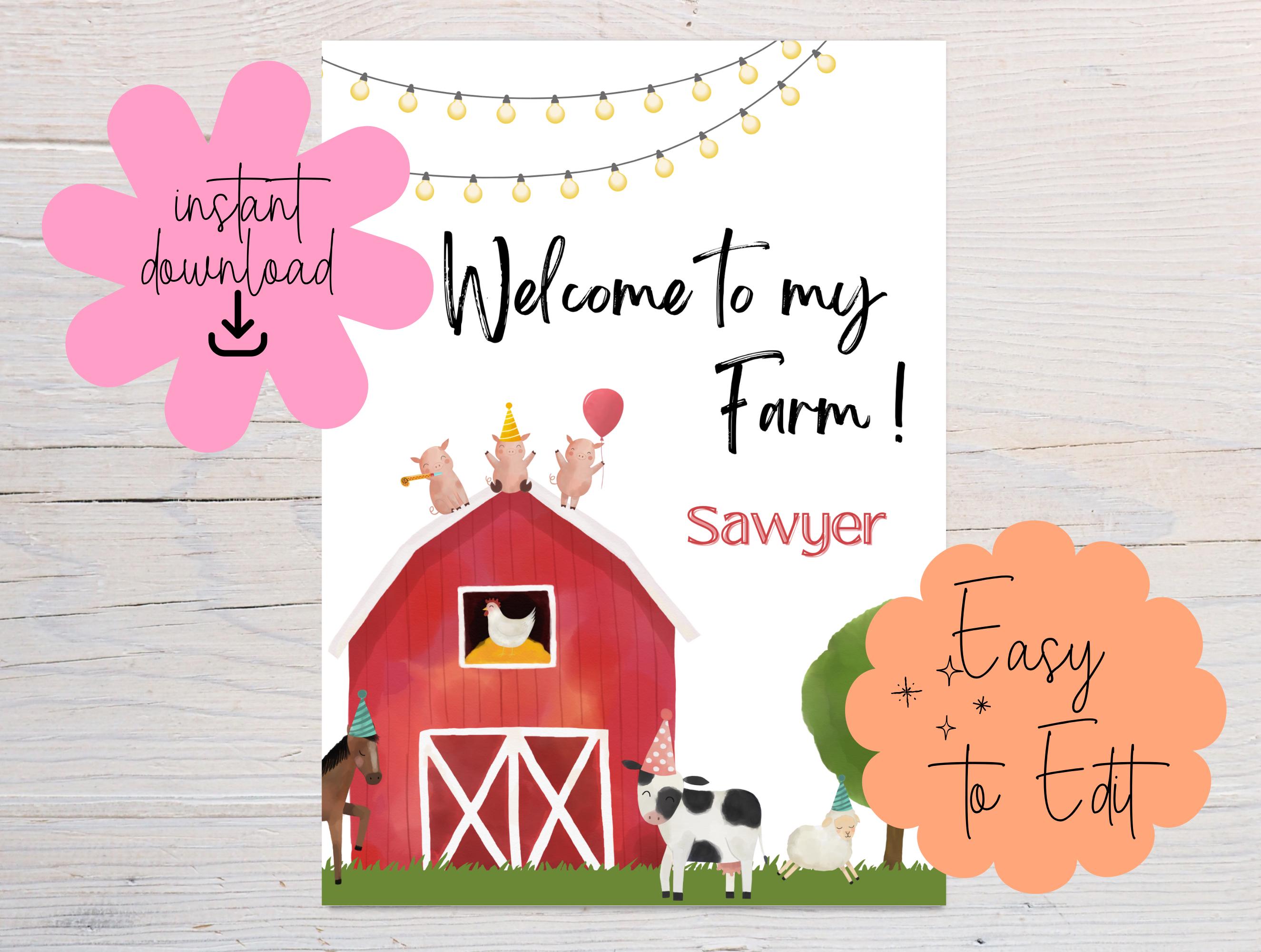 Farm Animal Birthday Sign, Printable Welcome Sign, Editable Signage ...