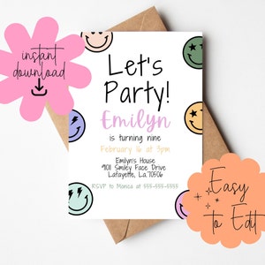 Tween Girls Birthday Invitation, Retro Smiley Face Party, Preppy ...
