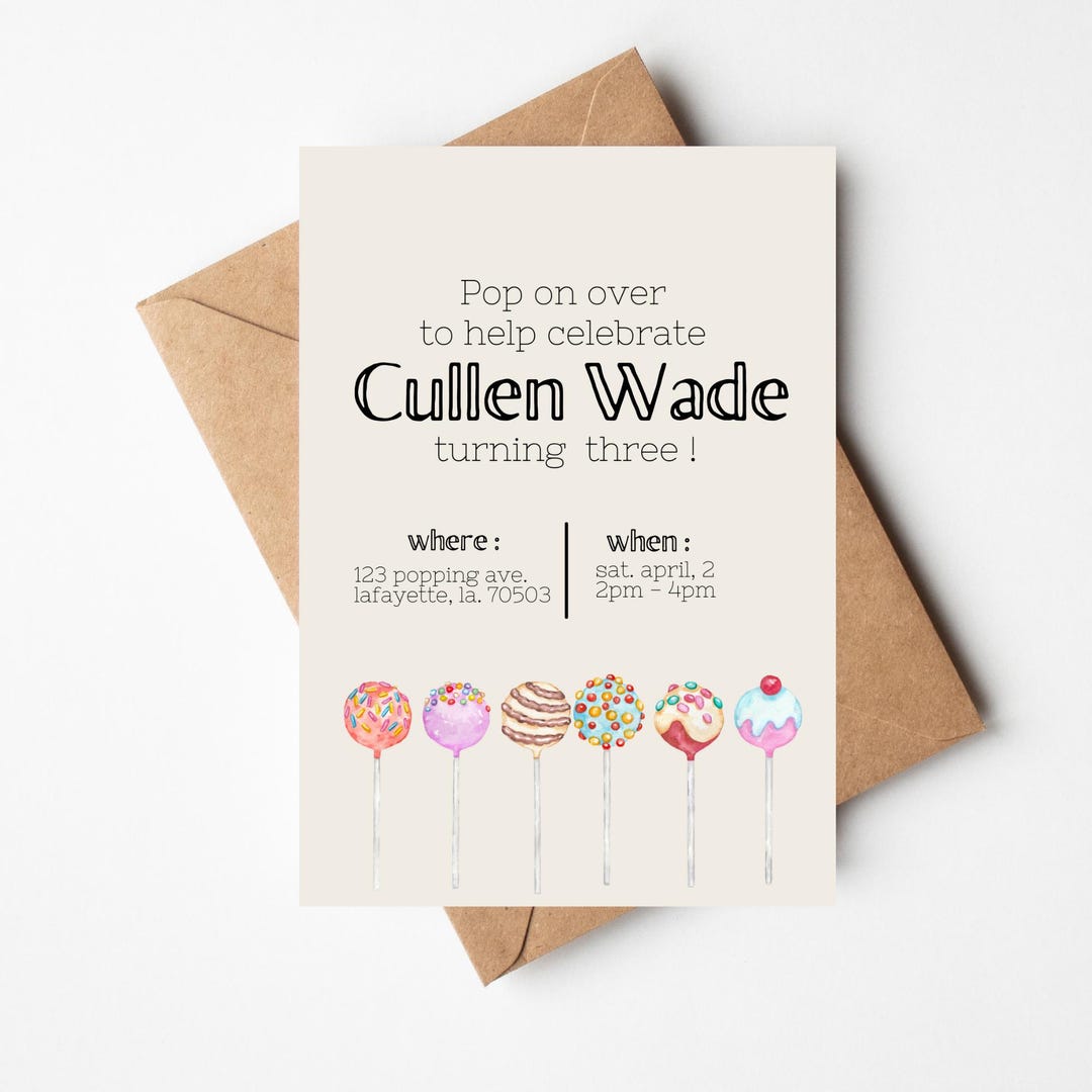 Kids Birthday Invite | Cake Pop Invitation | Simple and Neutral Design ...