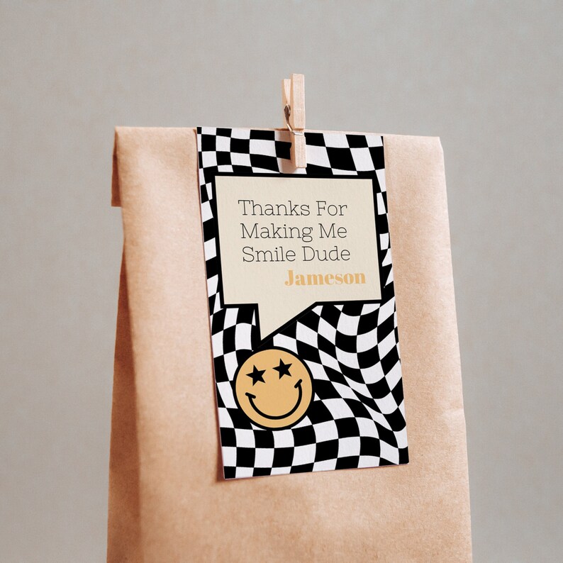 Boys Smiley Face Bday Party Favor Tag Template, Retro Smiley Face ...