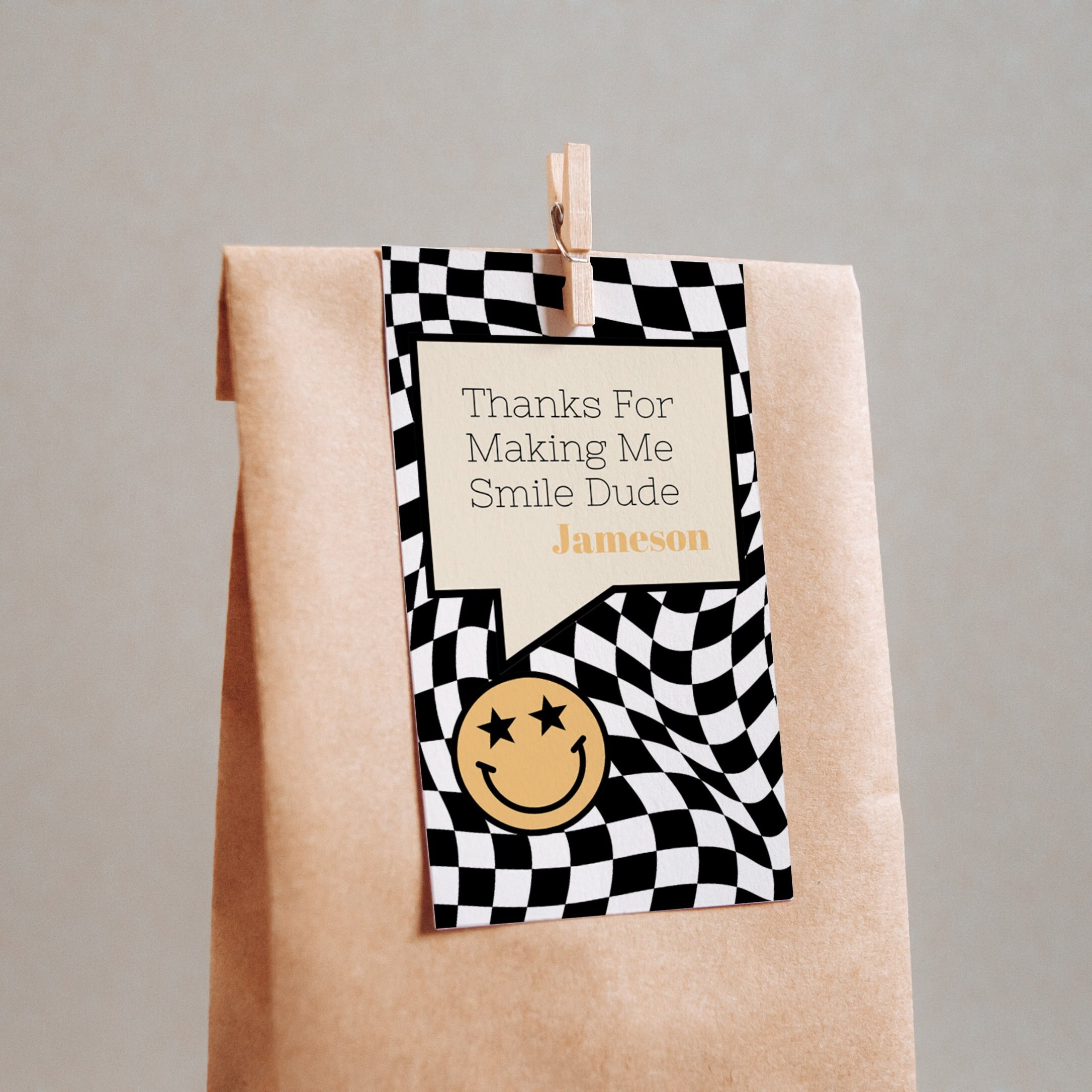 Boys Smiley Face Bday Party Favor Tag Template, Retro Smiley Face ...