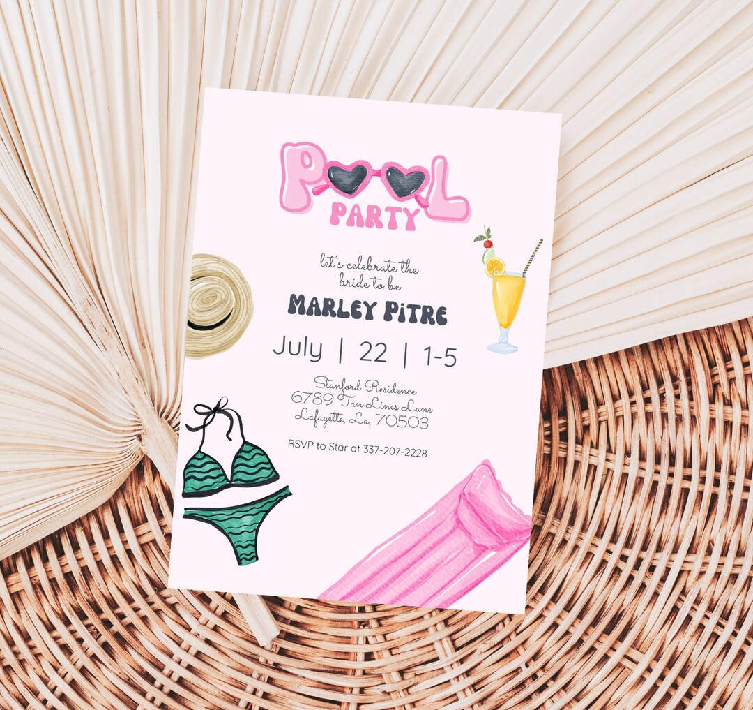 Bachelorette Bash Invite, Pink Pool Party Invitation, Editable Template ...