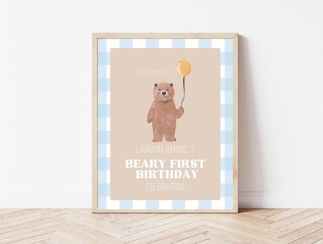 Bear First Birthday Decorations, Beary First Boys Birthday Sign ...
