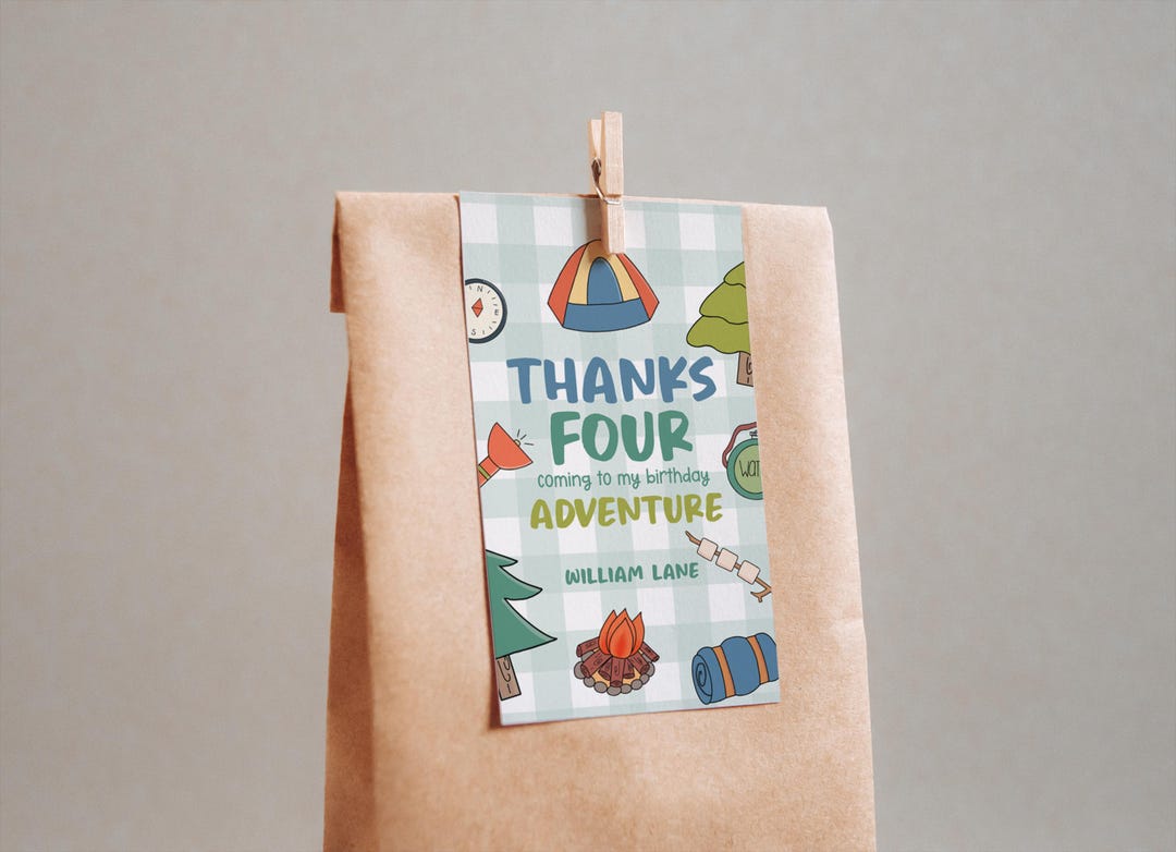 Editable Camping Theme Favor Tags, Boys 4th Birthday Party Favor, Made ...