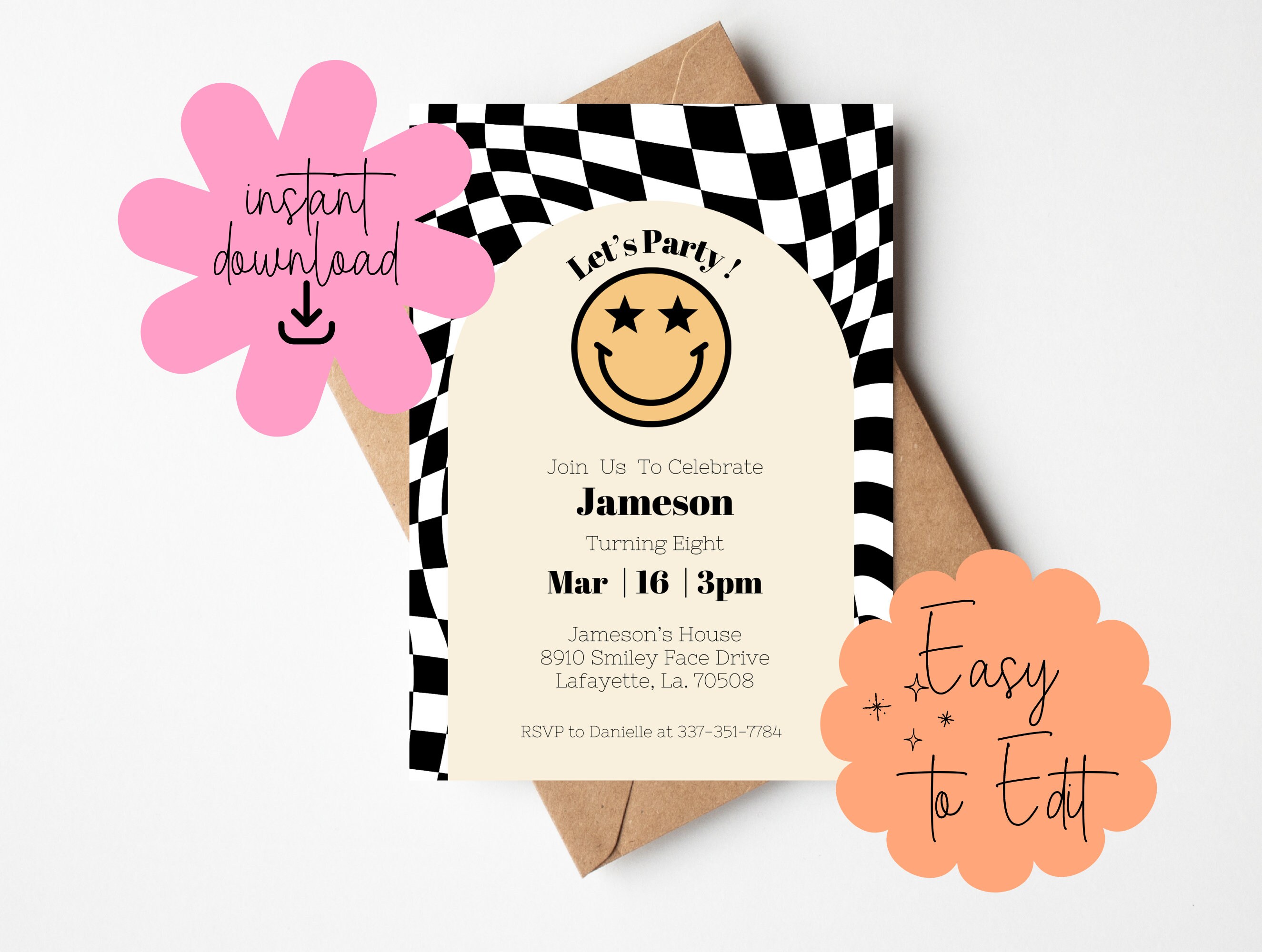 Boys Smiley Face Bday Invite Template, Retro Smiley Face Birthday ...